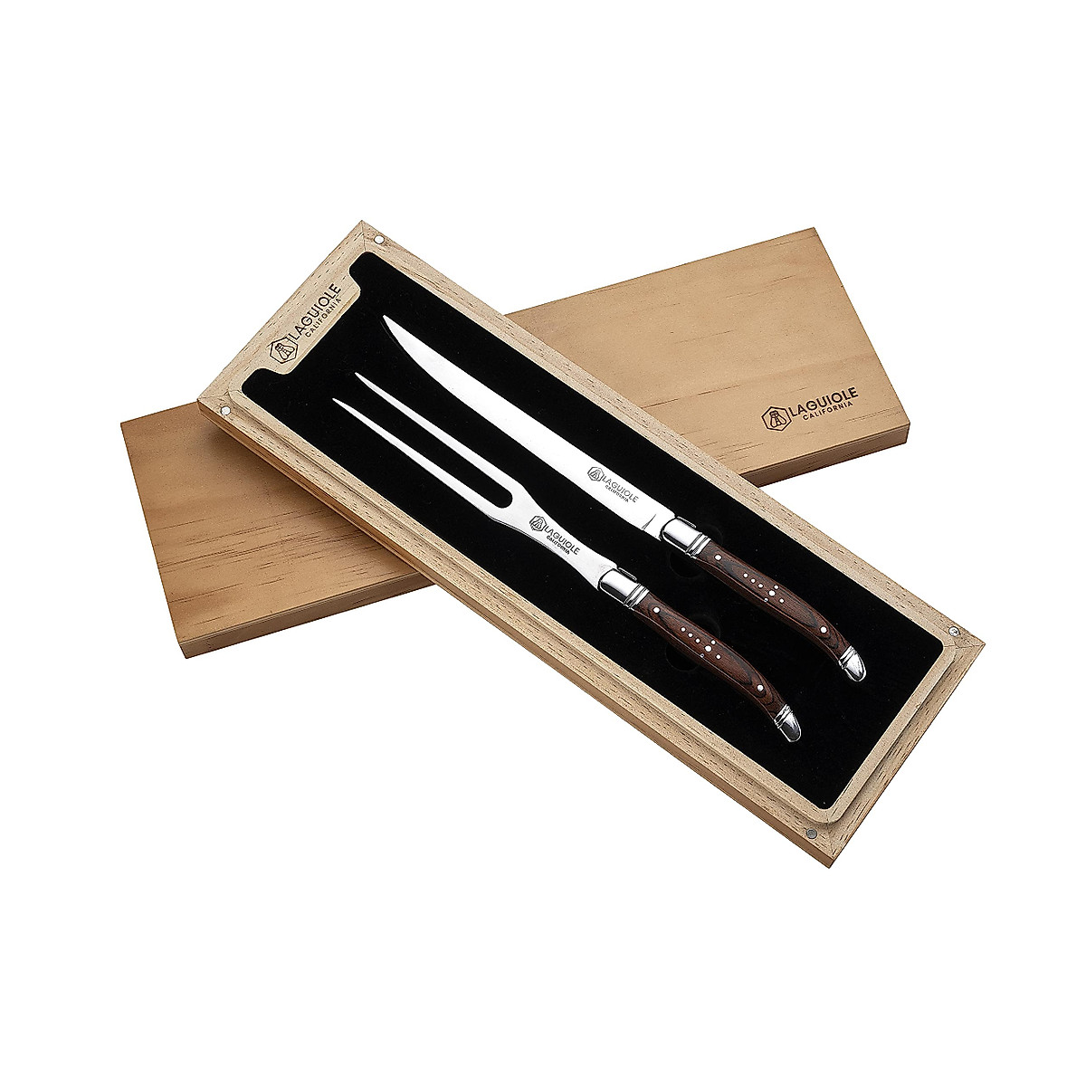 Laguiole California Carving Knife and Fork Set (11 inch) - Rosewood - Stainless Steel - Ergonomic Handles - Stored in a California Oakwood Gift Box