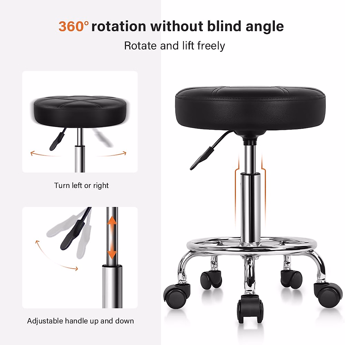 KKTONER Round Rolling Stool Chair PU Leather Height Adjustable Swivel Drafting Work SPA Shop Salon Stools with Wheels Office Chair Small (Black)