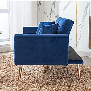 HBHM Velvet Accent Sofa, Loveseat Mid Century Modern Velvet Fabric Couch, Convertible Futon Sofa Bed, Recliner Couch Accent Sofa Loveseat Sofa with Gold Metal Feet (Blue, OneSize)