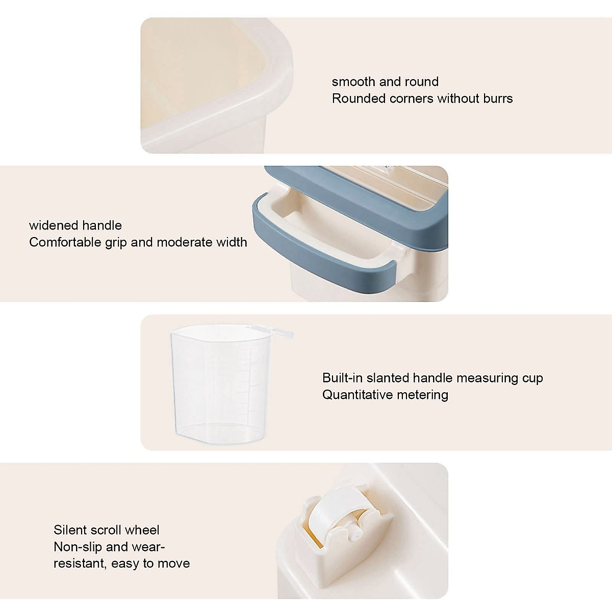 Rice Storage Container, Rice Container, 10kg/22 pounds 15.2 x 7.2 x 8.3in Transparent Rice Bin Cereal Dispenser Airtight Grain Holder with Measuring Cup and Wheels for Organization (Grey)