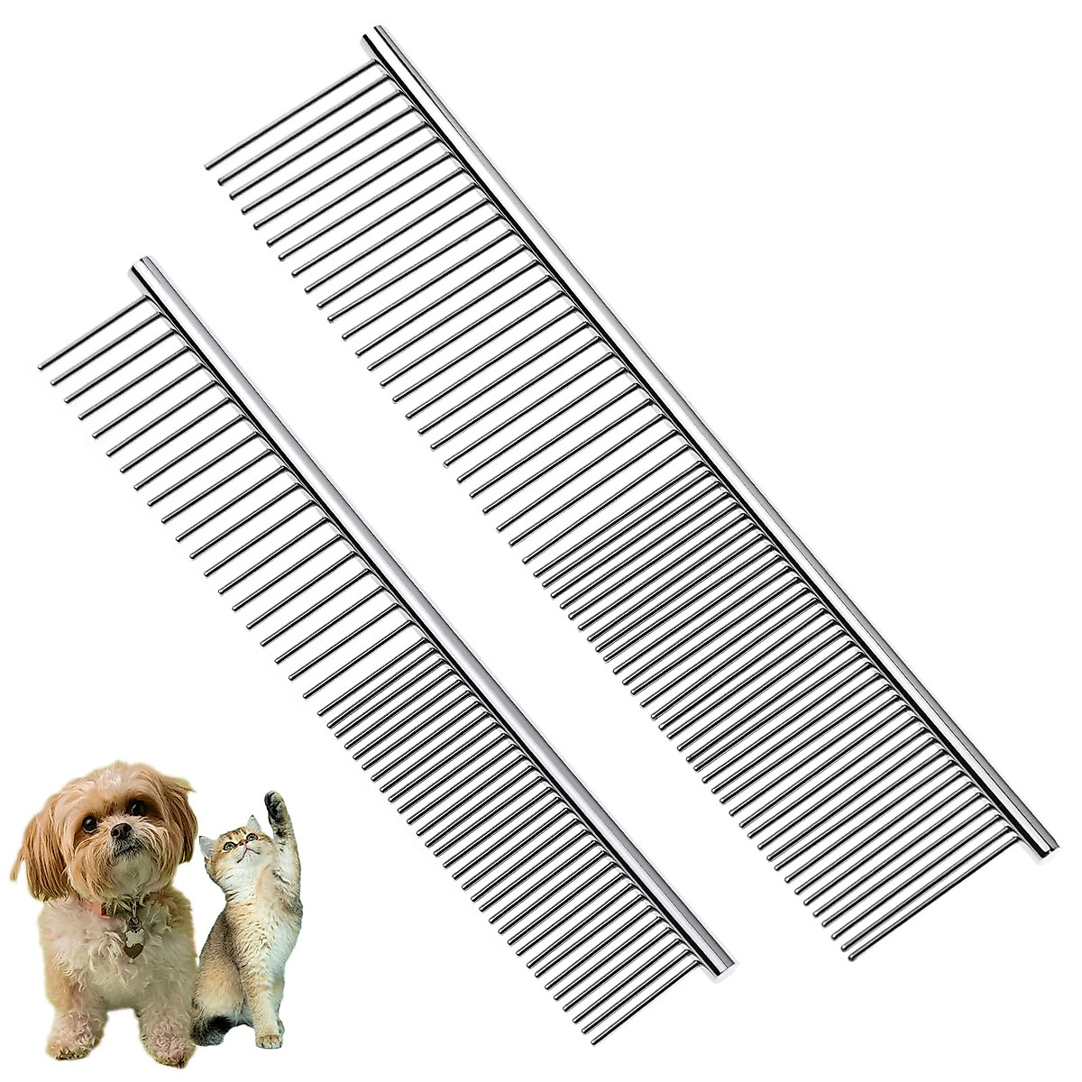 Flezoo 2PCS Dog and Cat Brush, Stainless Steel Dog Grooming Comb Kit, Detangler Deshedding Brush for Long Haired Dogs＆Cats, Dog Tangles Metal Comb＆Knots Hair Remover for Dog＆Cat Undercoat 6.4" 7.5"