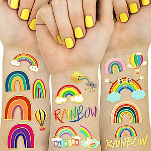 Rainbow Temporary Glitter Tattoos Theme Birthday Party Decorations Supplies Favors Tattoo Sticker For Kids Girls Boys Gifts Classroom School Prizes Rewards 2 Sheets (46PCS)