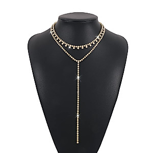 Missgrace 2 Tier Sexy Bar Nightclubs Necklaces Gold Y Long Rhinestones Love Choker Necklace Sparkly Jewerly Wedding Party Prom Bar Necklace Accessories for Women (Gold)