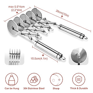 5 Wheel Pastry Cutter with Grinder Spaghetti Cutter Dough Roller Cutter Knife Stainless Steel Pizza Slicer Pasta Wheeling Cutter Attice Roller Adjustable Dough Divider with Handle
