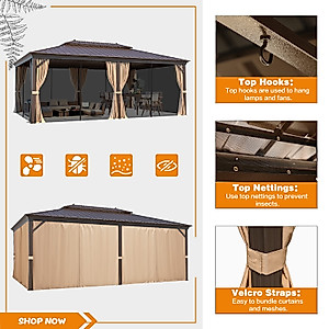 MELLCOM 14'x20' Galvanized Steel Hardtop Gazebo, Aluminum Frame Metal Outdoor Gazebo with Double Roof and Netting and Curtains for Patio Lawn Garden Brown