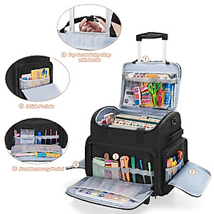 CURMIO Rolling Scrapbook Tote with Wheel, Craft Storage Bag with Expandable File Organizer for Scrapbook Supplies, Albums, Black (Bag Only)