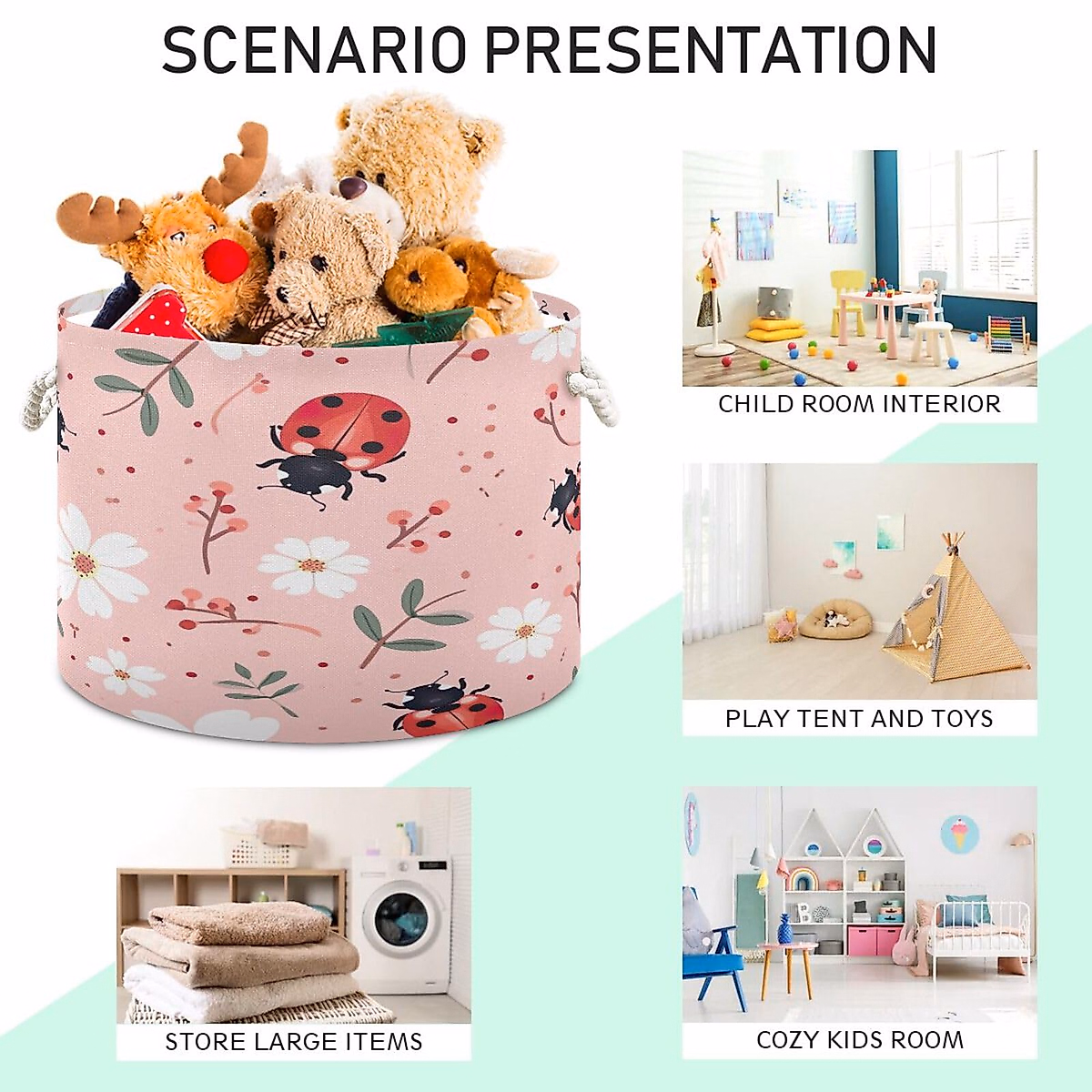 SDMKA Lady Bugs on Pink Laundry Basket Extra Large Storage Basket 20" x 14" Blanket Basket Toy Basket Decorative Cotton Rope Handle Laundry Hamper