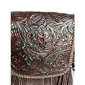 western floral tooled 100% leather fringe cross body purse (brown) Small