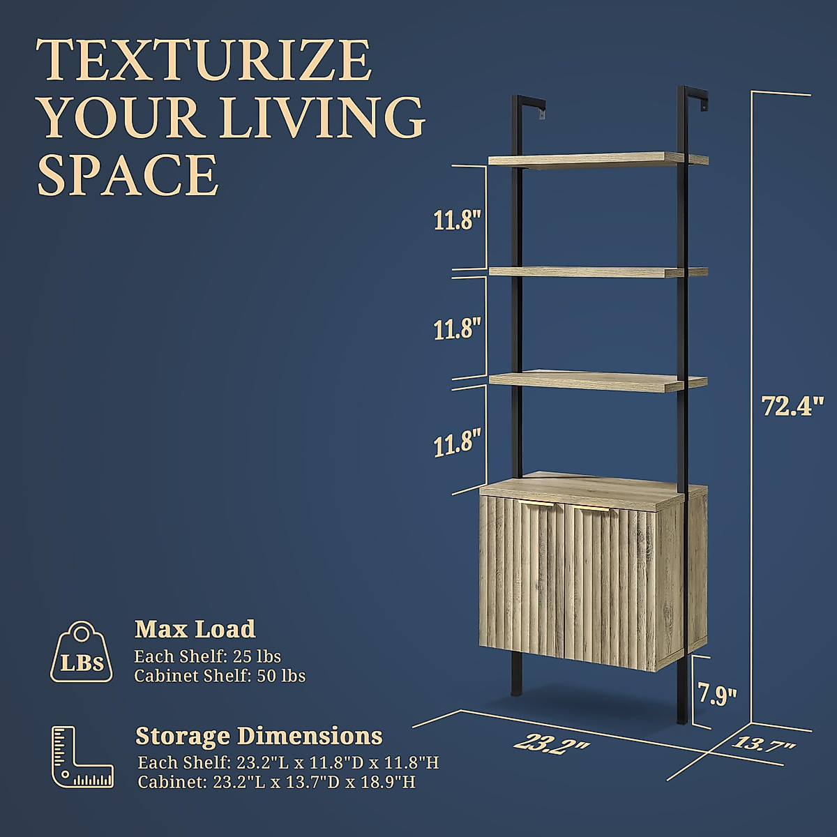 OAKHAM HOME Oxford Bookshelf, Ladder 5 Tier Open Bookshelf, Tall Book Shelf with Cabinet, Wall Mount Bookshelves with Display Rack, Bookcase with Shelves for Bedroom, Living Room, Sunwashed Ash Oak