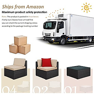 Greesum Patio Furniture Sets 7 Piece Outdoor Wicker Rattan Sectional Sofa with Cushions, Pillows & Glass Table, Beige