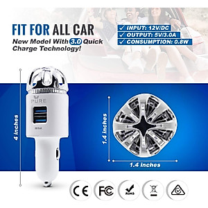 Car Air Purifier 3in1 Premium Stainless Steel HEPA Filter Ionizer w/Dual USB Quick Charge 3.0 USB-Eliminate Allergens Odor Smell, Smoke, Pets, Pollen Mold Bacteria w/Anti-Microbial Deodorizer (White)