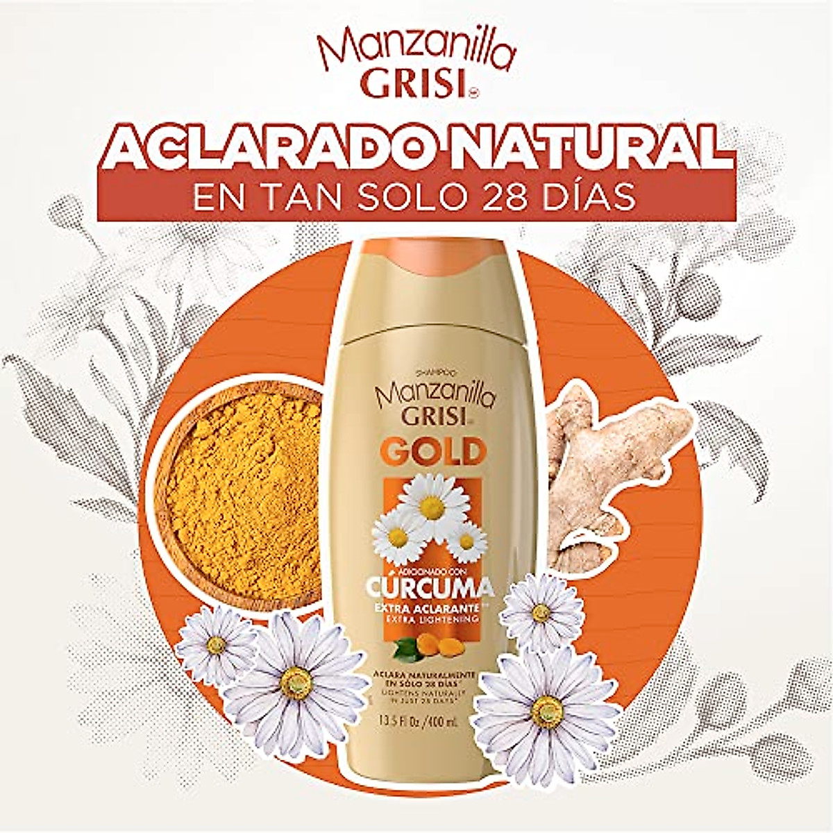 Manzanilla Grisi Gold Extract Lightening Shampoo, Extra lightening and glowing effect hair, with Chamomile Flower Extract and Turmeric 13.50 Fl Oz