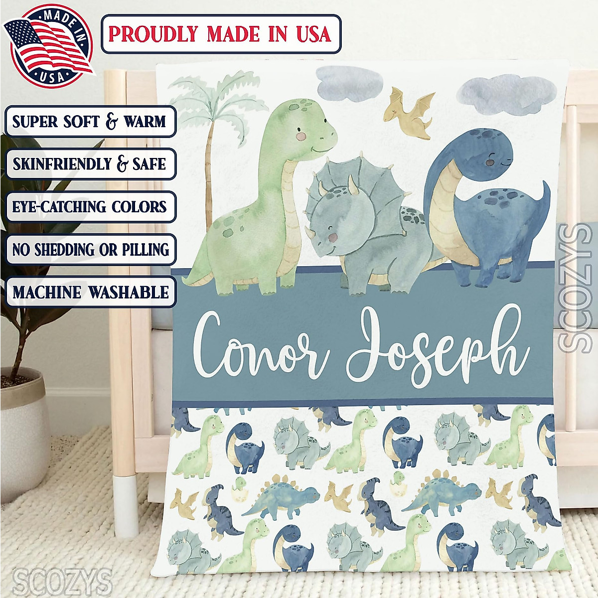 Personalized Dinosaur Baby Blanket, Dinosaur Blanket, Baby Name Blanket, Personalized Baby Boy Blanket, Dinosaur Crib, Boy Dinosaur Nursery, Super Soft Plush Fleece Blanket for Baby, 30 x 40 in