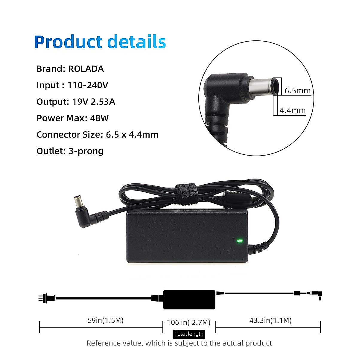 19V 48W Power Adapter for LG Monitors 24M47H-P, 24MP55HQ, 19", 22", 24" Displays and Samsung 32" TVs J5003, J5205, UN32J4000, UN32J5205, A4819-FDY Power Supply Cord (6.5mm * 4.4mm).