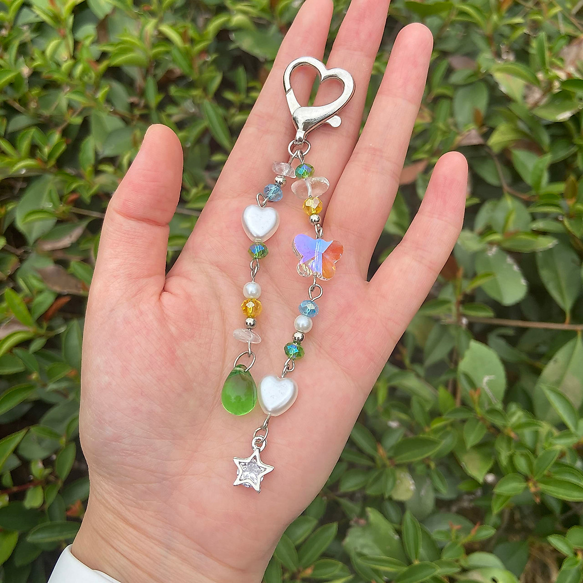 QqzsJewls Cute Kawaii Keychain for Women Aesthetic Backpack Saddle Accessories for Her Silver Dangly Bag Charms Beaded Crystal Butterfly Keychain Coin Purse Accessories Car Charm (Green)