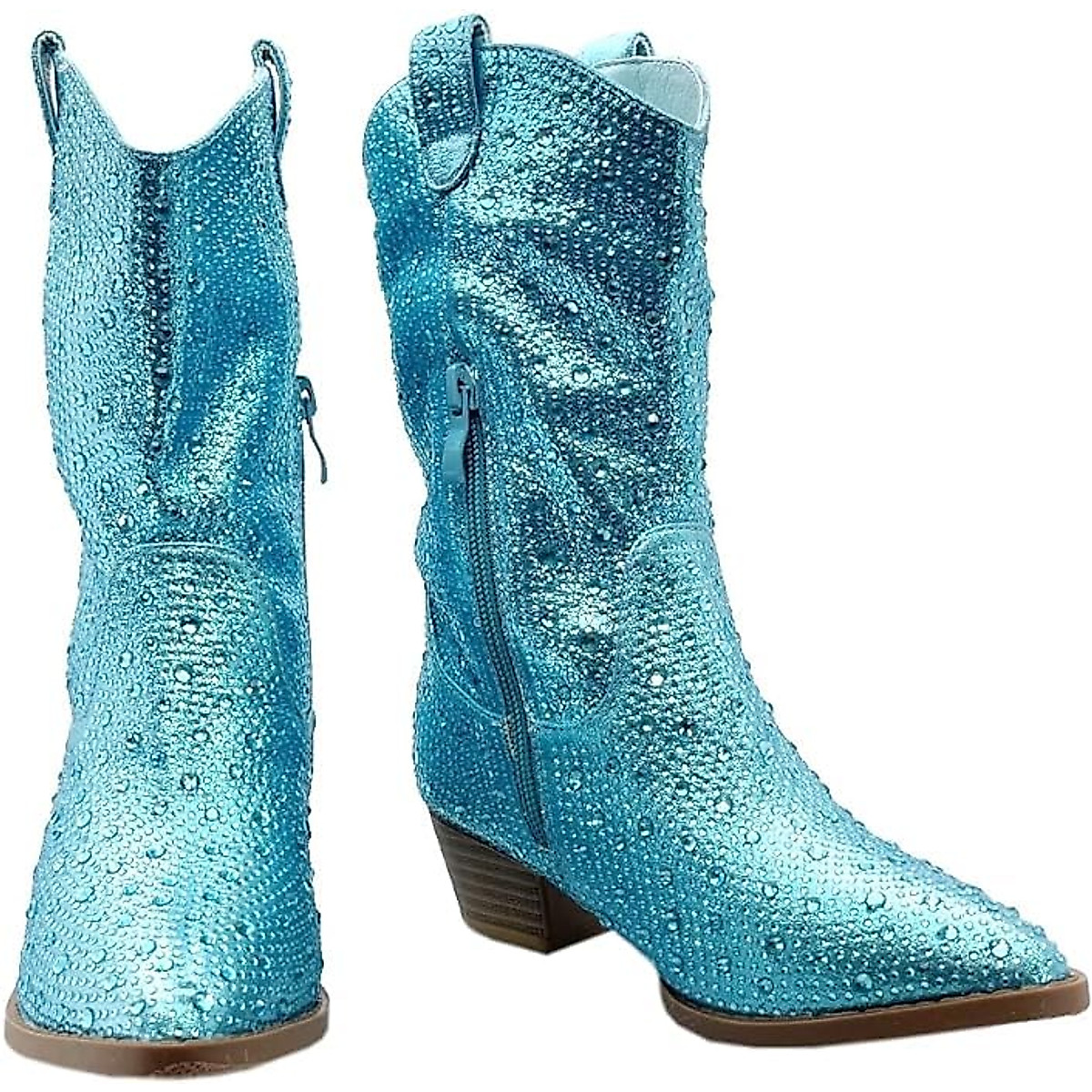 Forever Girls/Kids Rhinestone Western Cowgirl Cowboy Pointed Toe Low Heel Boots River-11K Blue 2