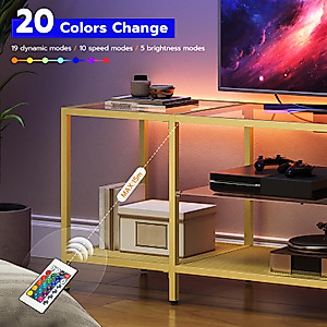 HOOBRO TV Stand with LED Lights and Power Outlets for TVs up to 65", Modern 55 Inch Tempered Glass TV Console Table with Open Shelves, Media Entertainment Center for Living Room, Gold GD145UDS01