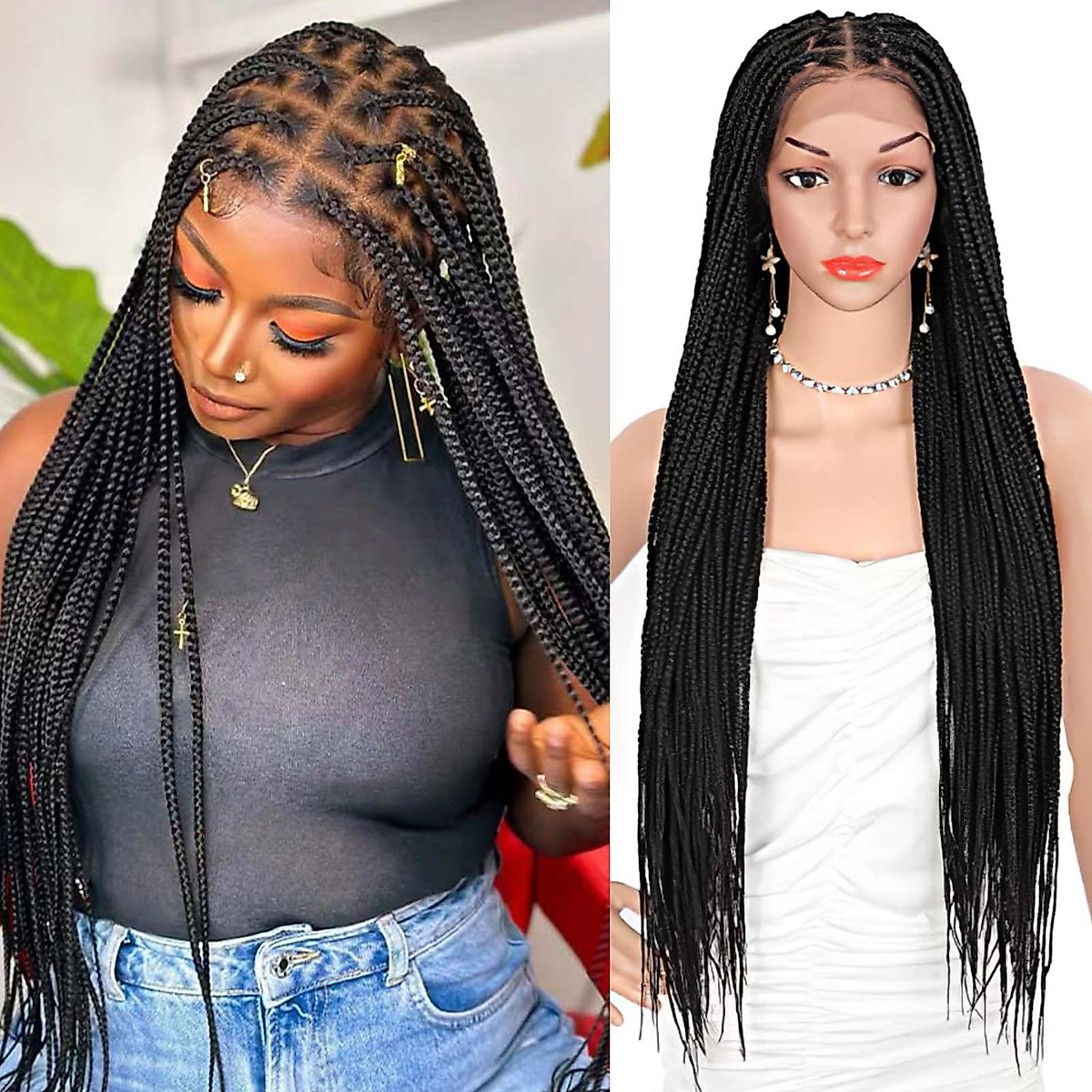 Brinbea 36 inch 13X8" HD Lace Front Braided Wigs Knotless Braided Wigs for Women Box Braid Wig with Baby Hair Human Hair Blended Braided Wigs Long Black