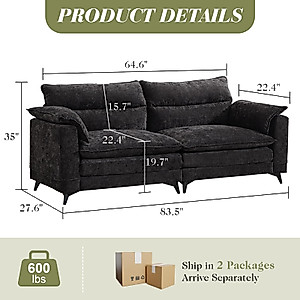 DRMBOOK 83.5" Comfy Couch Home Sofa Living Room Love Seat Couches, Morden Chenille Soft Upholstered Small Sofa Couch (Black)