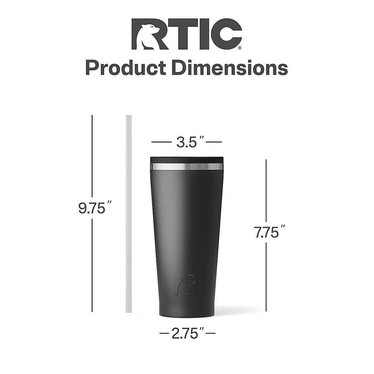 RTIC 20oz Everyday Tumbler Insulated Stainless Steel Portable Travel Coffee Cup with Straw, Spill-Resistant Lid, BPA-Free, Hot and Cold Drink, Ceramic Lining, Black
