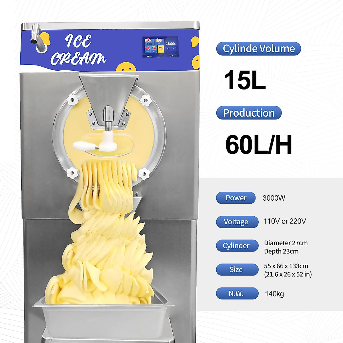 Mvckyi Commercial Hard Ice Cream Machine with faucet, 60L/H Gelato Hard Serve Ice Cream Maker with Digital Control Panel, Frozen Fruit Yogurt Batch Freezer for Restaurant Snack Bar Cafe, 3000W