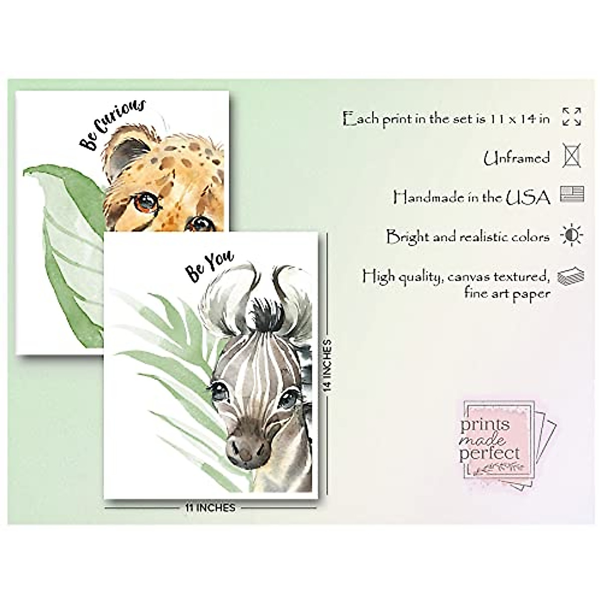 Baby Safari Animals Wall Art Prints - Nursery Decor - Set of 6-11x14 - Unframed - Watercolor