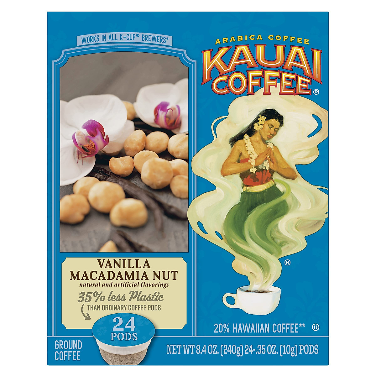 Kauai Coffee Vanilla Macadamia Nut Medium Roast- Compatible with Keurig Pods K-Cup Brewers (1 Pack of 24 Single-Serve Cups)