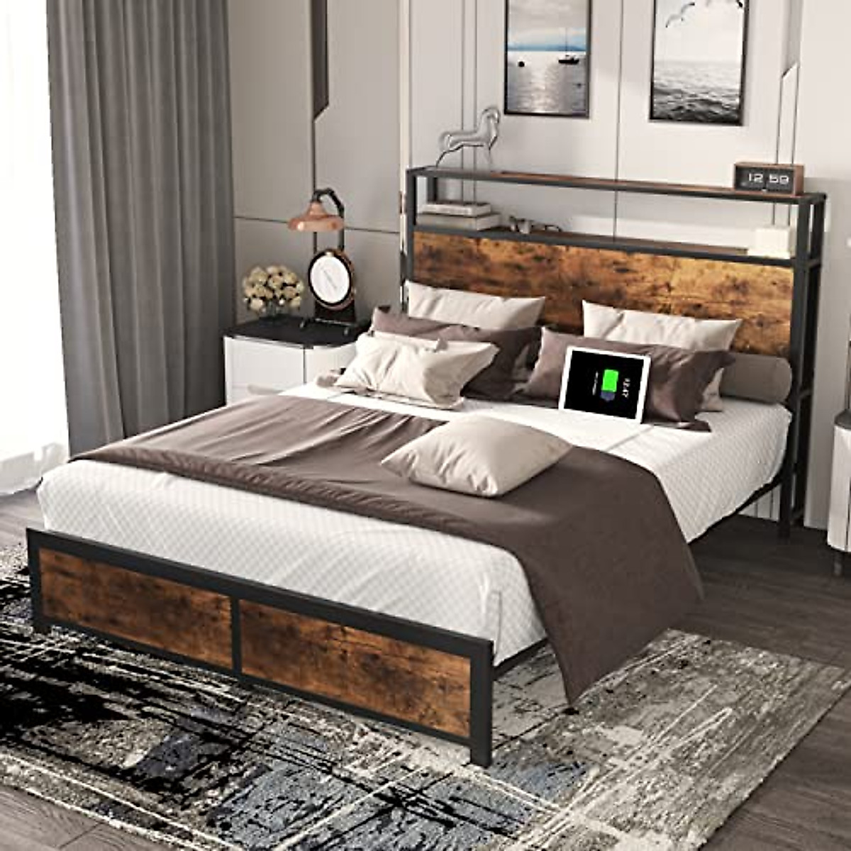 Catrimown Queen Bed Frame with Storage Headboard Platform Bed Frame Queen Size with 2 Tier Headboard Industrial Wood Queen Bed Frames No Box Spring Needed Noise Free, Rustic Brown (Queen)