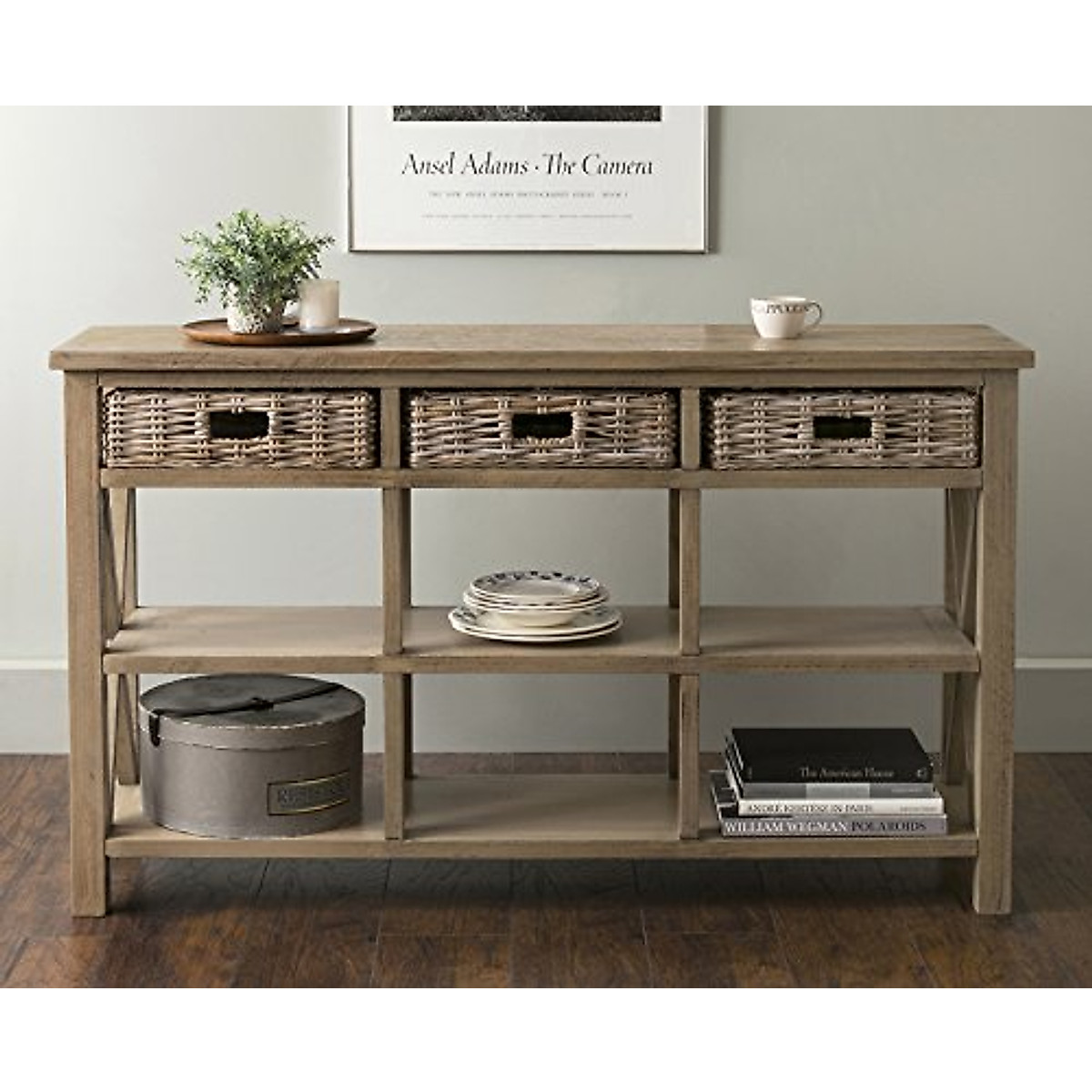 EAST at MAIN Dillman Rectangular Mahogany and Rattan Sideboard, Brown, (56x15x33)