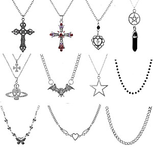 11Pcs Punk Vintage Necklace Set Goth Grunge Saturn Star Indie Butterfly Boho Crystal Y2k Cross Pendent Heart Wing Statement Choker for Women Men