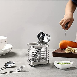 ANHORTS Kitchen Utensil Holder, Stainless Steel Sink Utensil Holder Countertop, Kitchen Utensil Drying Caddy, Cutlery Drainer for Kitchen Utensil, Rust-Proof Cutlery Utensil Organizer (silver)