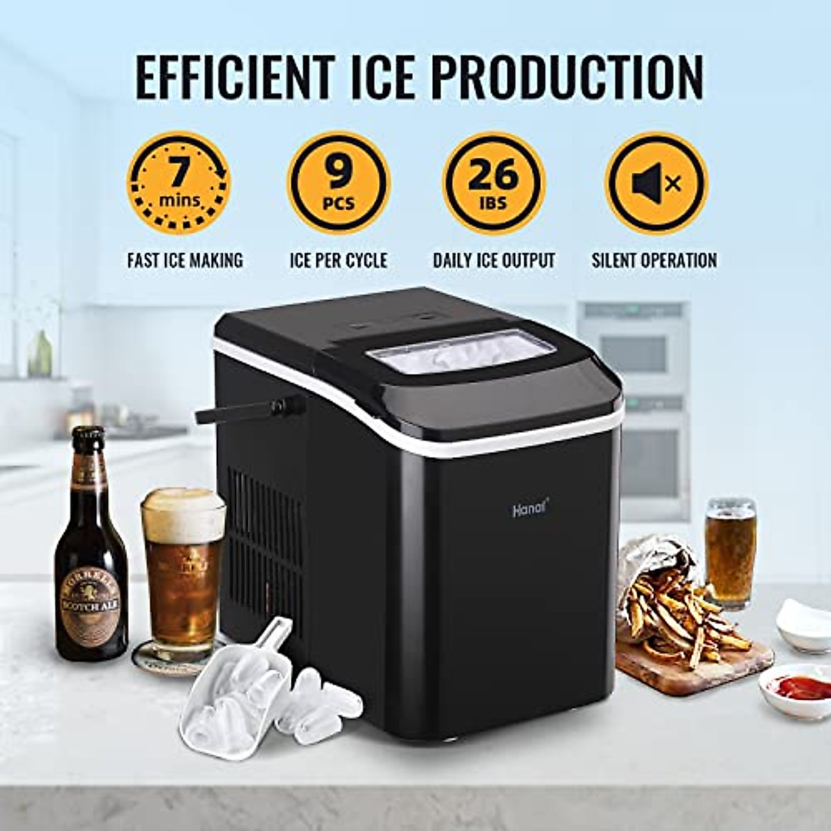 WANAI Ice Makers Countertop Portable Ice Machine 9 Ice Cubesin 7-8 Mins, 26lbs/24H, Self-Cleaning Electric Ice Making Machine with Ice Scoop and Basket L&S Bullet Sizes for Home Office Bar Party