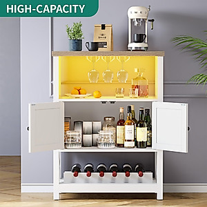 YITAHOME Sideboard Buffet Cabinet with Light, 31.5'' Farmhouse Coffee Bar Cabinets with Storage, Wine Bar Cabinet for Home with Wine Rack and Glass Holder (White Oak)