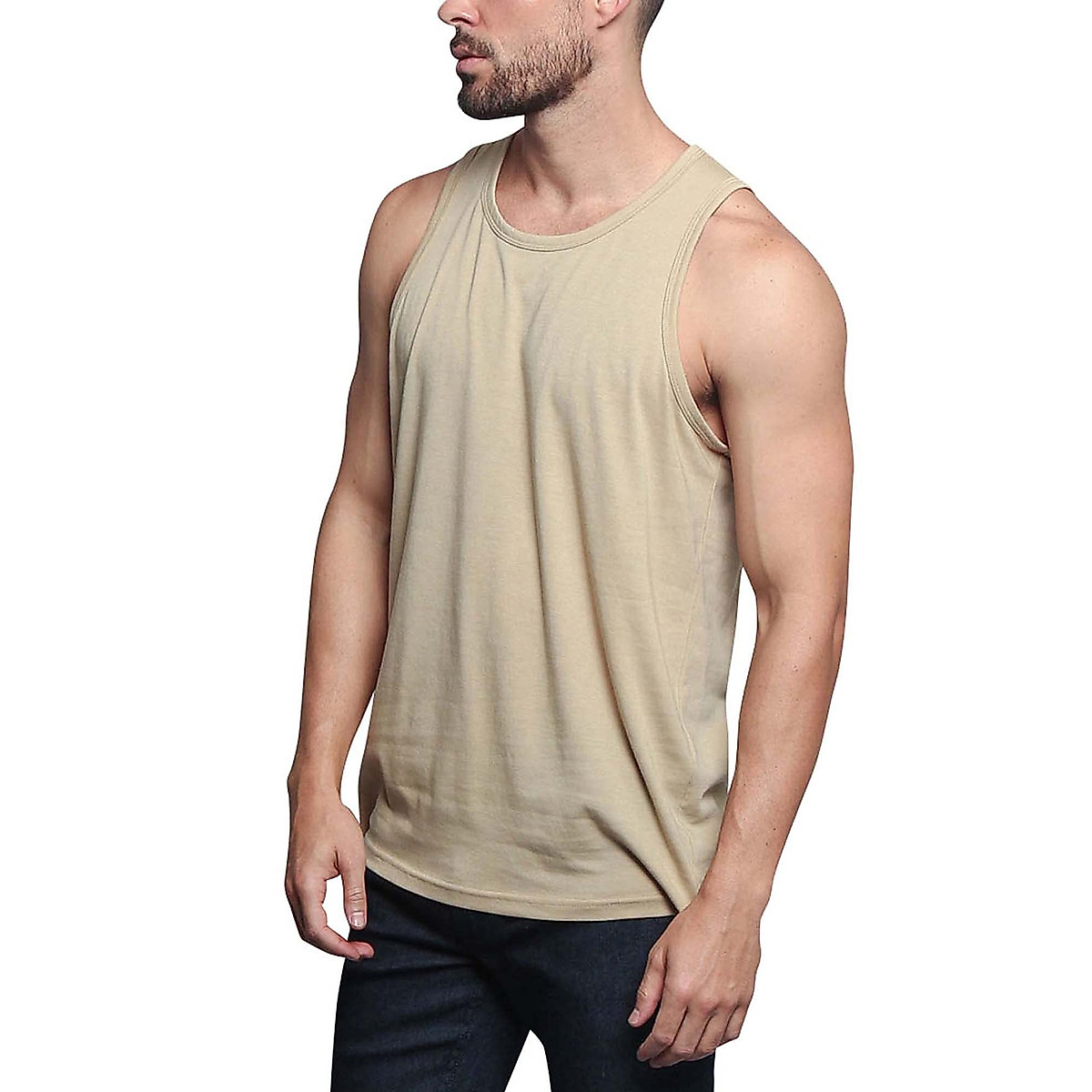 Men's Basic Essential Straight Hem Long Length Tank Top TT60-PL - Khaki - Medium - H11A