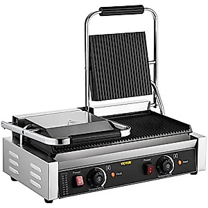 Happybuy 110V Commercial Sandwich Panini Press Grill 2X1800W Temperature Control 122°F-572°F Commercial Panini Grill for Hamburgers Steaks Bacons (Double Grooved Plates）