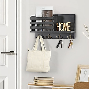 Lwenki Key & Mail Holder for Wall - Rustic Natural Paulownia Wood, 4 Double-Hook Hangers - Wall Mounted Organizer for Decor, Bags, Accessories - Hardware & Manual Included (Black)