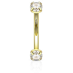 Forbidden Body Jewelry 16g 8mm Surgical Steel Internally Threaded Clear CZ Curved Barbell (Daith/Eyebrow/Rook) - Gold Tone