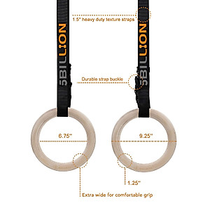 Wooden Gymnastic Rings 1.25"/32mm,5BILLION Olympic Rings with Adjustable Cam Buckle Straps 15ft,Wood Gym Rings for Home Gym Full Body Workout,1500lbs Supported
