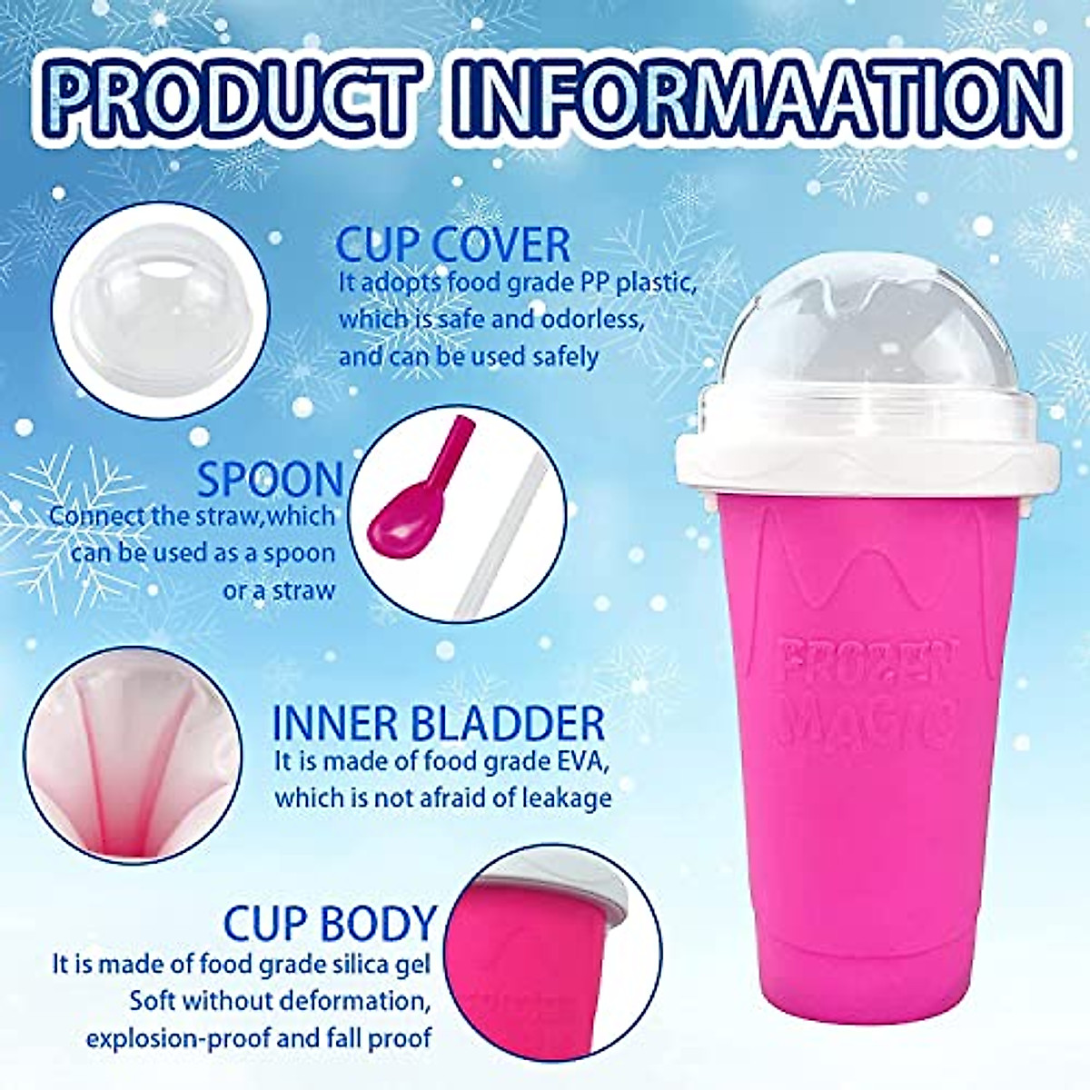 Slushy Maker Cup Slushie Cup Frozen Magic Cup Squeeze Cup Double Layer Slushy Maker DIY Homemade Smoothie Cups (Blue+Pink)