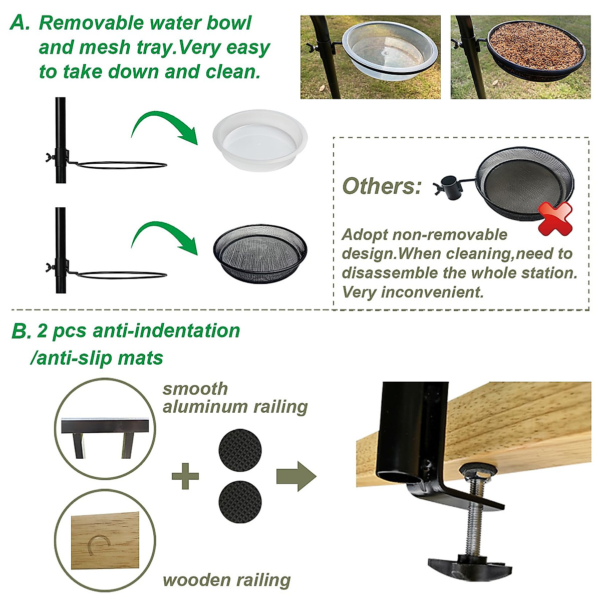 CQAIRIOU Upgraded Bird Feeding Station Kit,Deck Railing Bird Feeder Pole with 3 Hooks,Bird Bath,Mesh Tray and Suet Cage,Multi-Design Style,Used for Balcony Bird Feeder&Plant Hanger