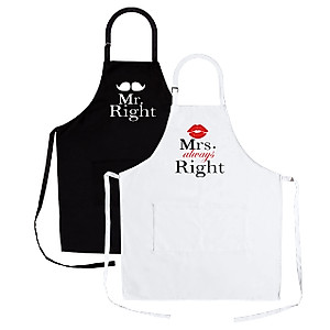 Nomsum Mr. & Mrs. Right 2-piece 1-size Matching Kitchen Apron for His and Hers, Unique Gift Ideas for Couples, Kitchen Aprons Gift Set for Weddings, Anniversaries, Engagements, and Housewarmings