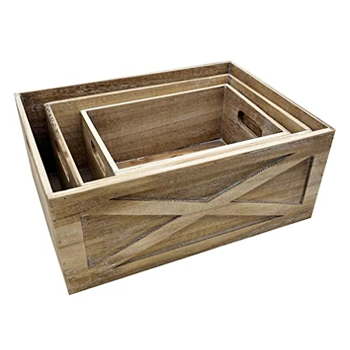 Admired By Nature Rustic Barn Door Style Home Décor Nesting Storage Organizer Wooden Crates, Set of 3, Natural, ABN5E172-NTRL,Barn Door Light brown