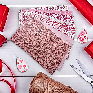 Hying 8 PCS Holiday Pink Faux Leather Sheets for Crafts, 8×13 Inch Glitter Synthetic Leather Sheet Love Hearts Faux Leather Fabric Sheets for Earrings Hair Bow Keychain Valentines Wedding Decorations