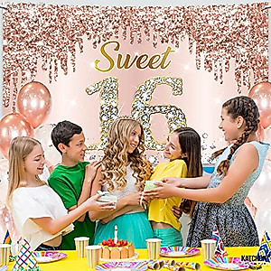 KatchOn, Rose Gold Sweet 16 Backdrop with Iridescent Rose Gold Fringe Curtain - 72 x 44 Inch, Pack of 3 | Rose Gold Streamers, Sweet 16 Birthday Backdrop for 16 Birthday Decor | Rose Gold Party Decor