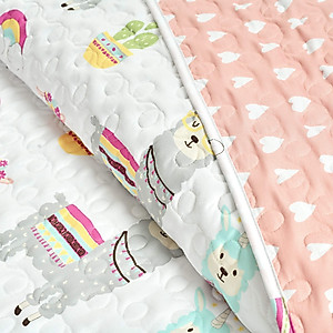 Lush Decor Southwest Llama Cactus Quilt, 3 Piece Set, Twin, White & Blush - Cute Kids Reversible Print Toddler Bedding Set