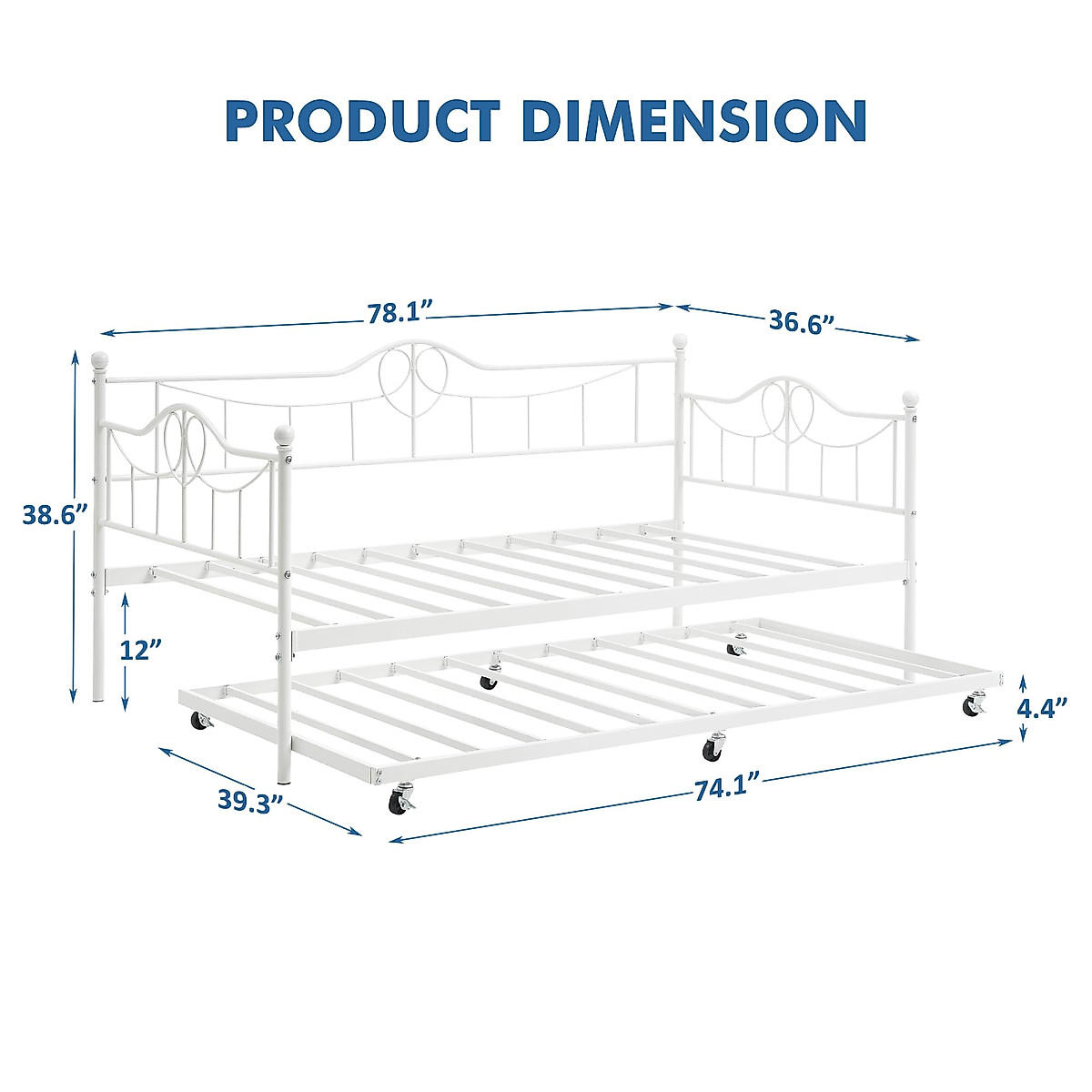 GAOMON Twin Day Bed with Trundle Bed Twin, Metal Daybed with Trundle, Daybed with Trundle Bed Frame, Steel Slat Support Sofa Bed for Kids Teens Adults, No Box Spring Needed, White