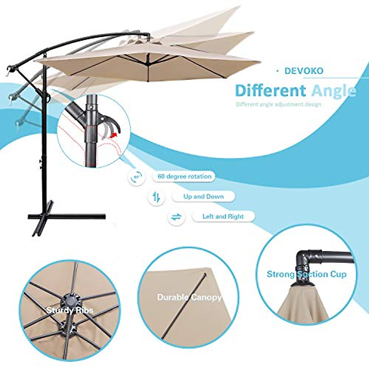 Devoko 10 Ft Patio Offset Cantilever Umbrella Outdoor Market Hanging Umbrellas with Crank & Cross Base Suitable for Garden, Lawn, backyard, Deck and Poolside (Beige)