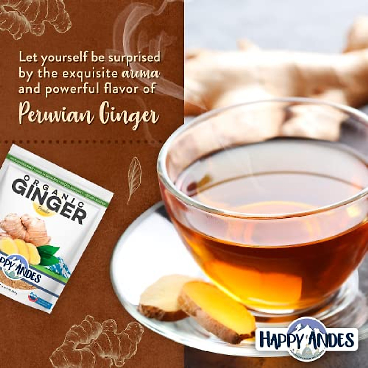 Happy Andes/ Andean Star USDA Organic Ginger Powder, Pure Ground Dried Root, Highly Aromatic, Strong Immunity, 100% from Peru, Tea, Superfood, Non-GMO, Gluten Free, Kosher, Keto, 1 lb