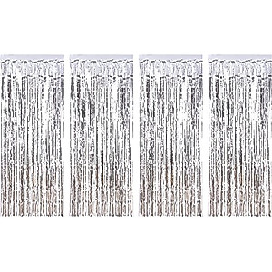 4 Pack Foil Curtains Metallic Fringe Curtains Shimmer Curtain for Birthday Wedding Disco Party Decorations (Silver)