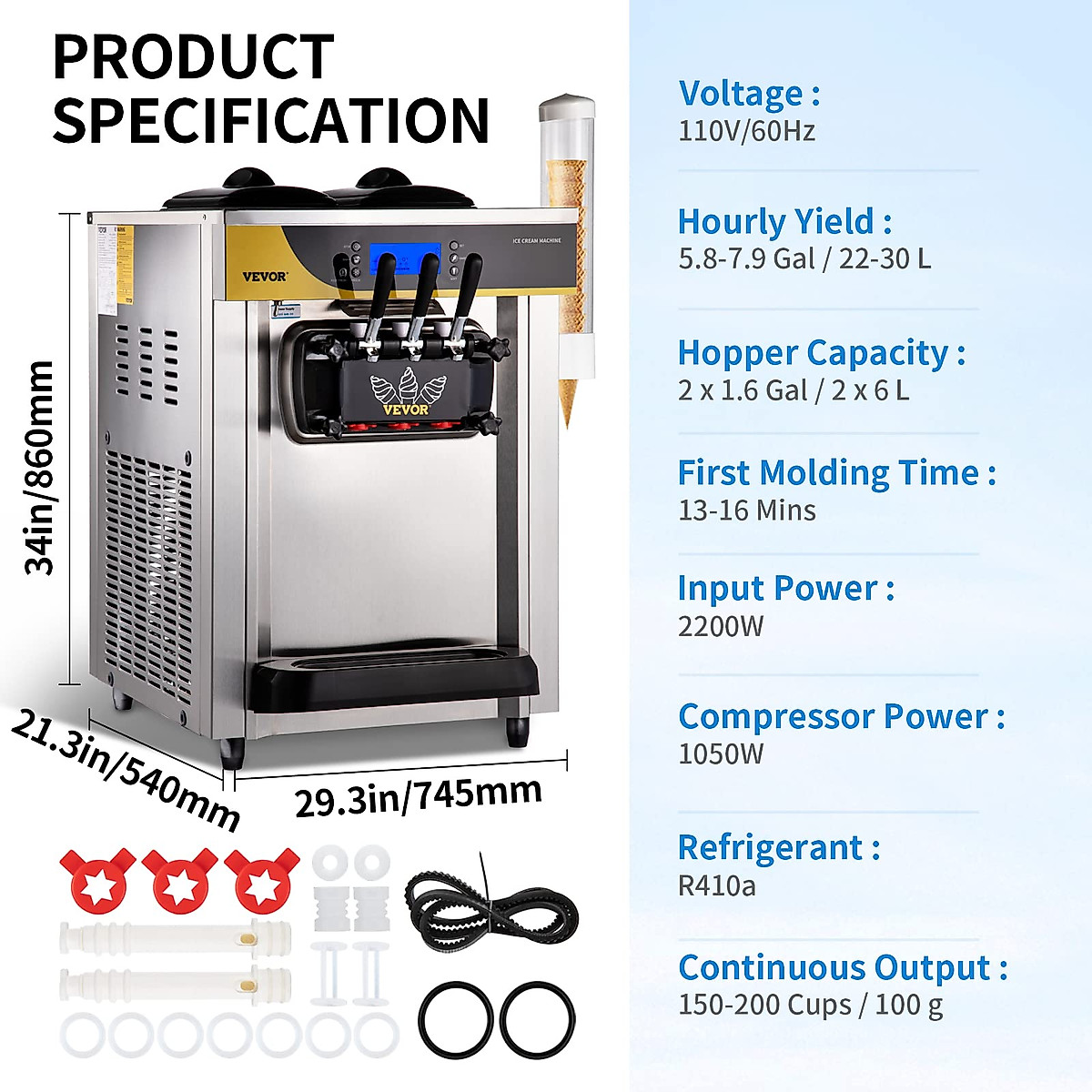 VEVOR Commercial Ice Cream Maker, 2x6L Hopper, 22-30L/H High Output, 2200W Soft Ice Cream Machine w/LCD Panel, Puffing & Shortage Alarm, Countertop Soft Serve Maker for Restaurant Home Party, Silver